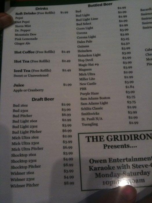 Carta del restaurante The Gridiron, Williamsburg, 113 Palace Ln