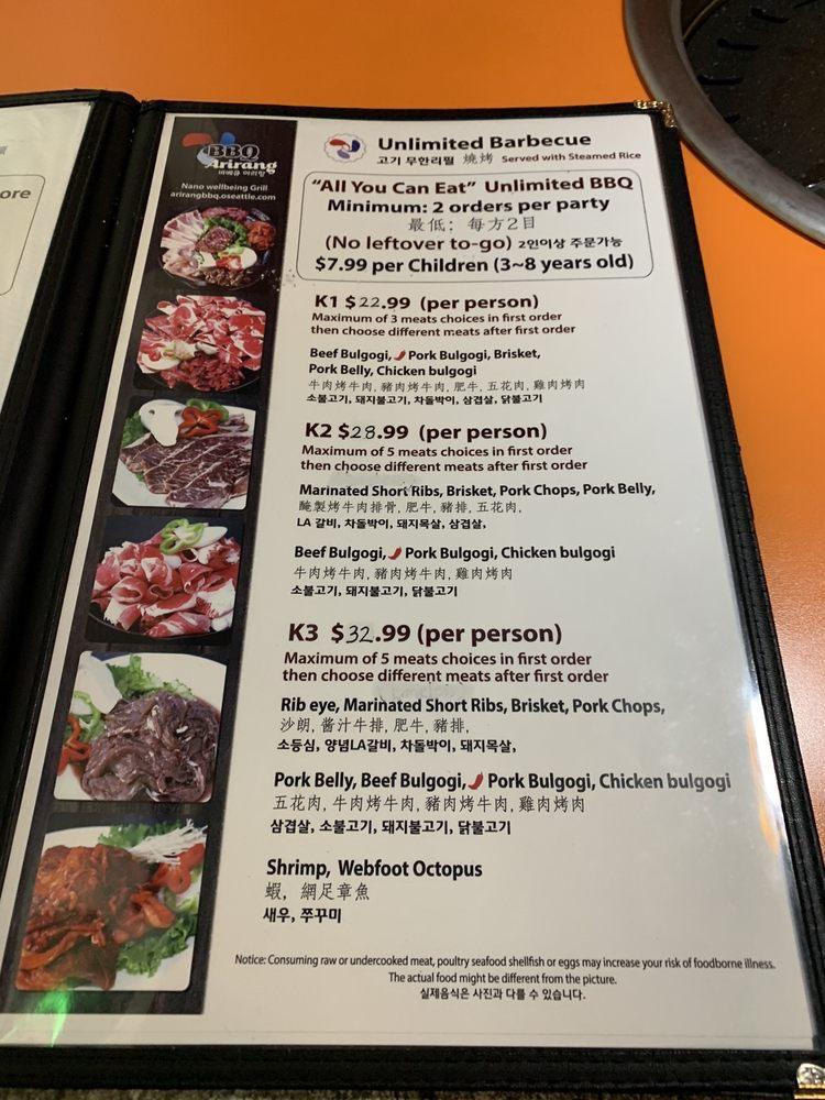 Menu at Arirang Korean BBQ Mill Creek, Mill Creek