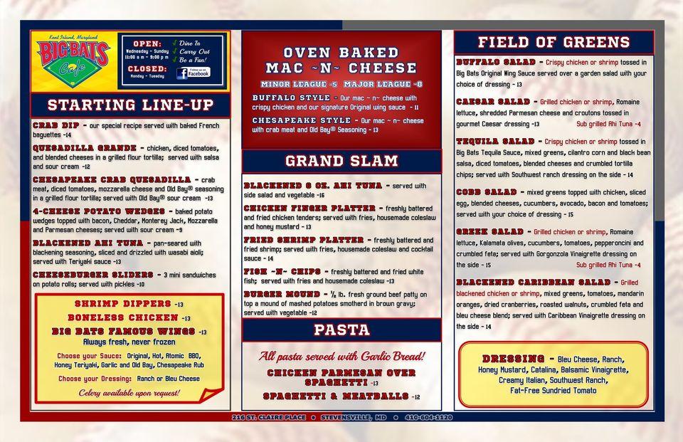 Menu at BIG BATS CAFE, Stevensville