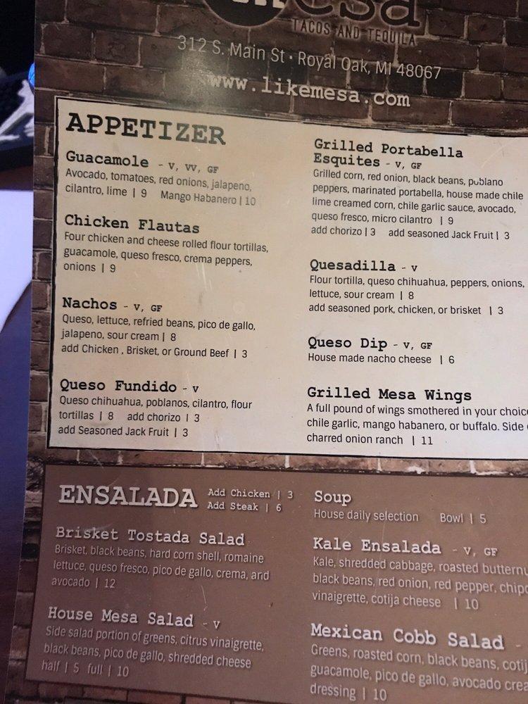 Menu at Mesa Tacos and Tequila pub & bar, Royal Oak