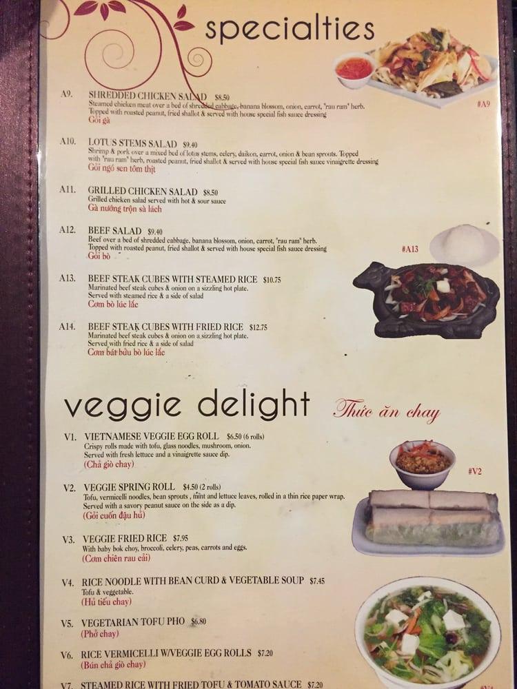Menu at Pho Vinh Vietnamese Noodle House restaurant, Chula Vista