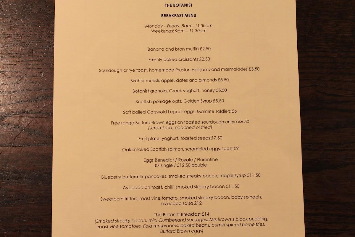 Menu at The Botanist Sloane Square pub & bar, London, 7 Sloane Square