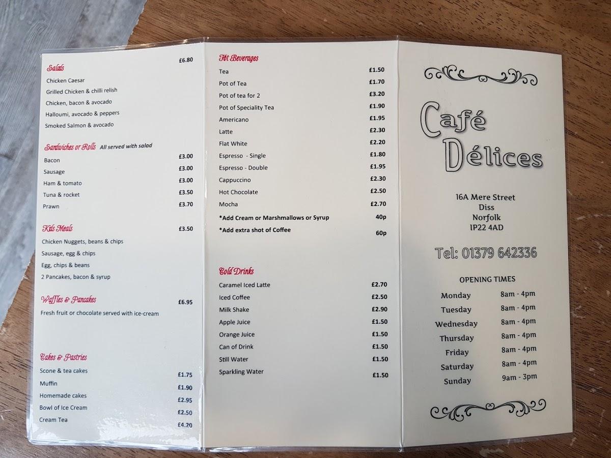 Menu at Cafe Delices, Diss