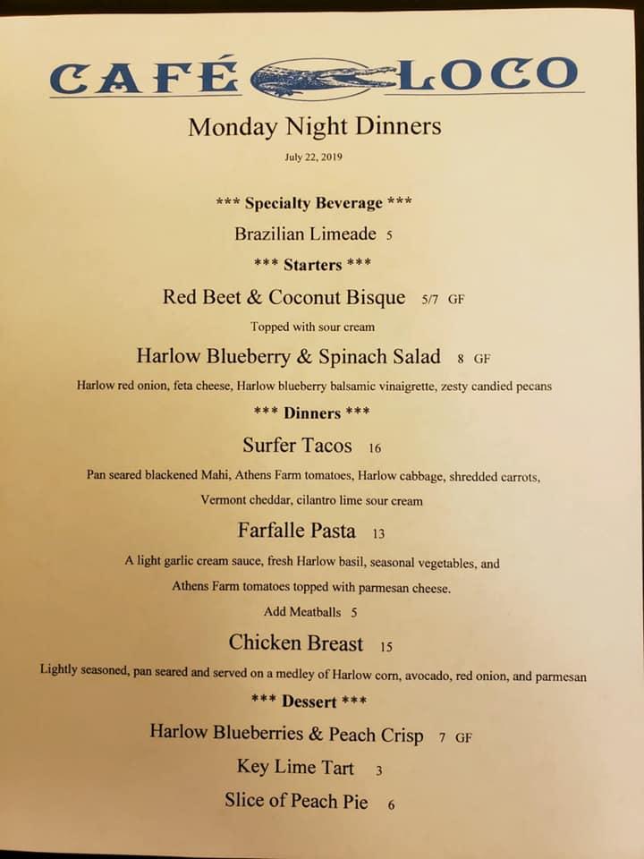 Menu at Cafe Loco, Westminster
