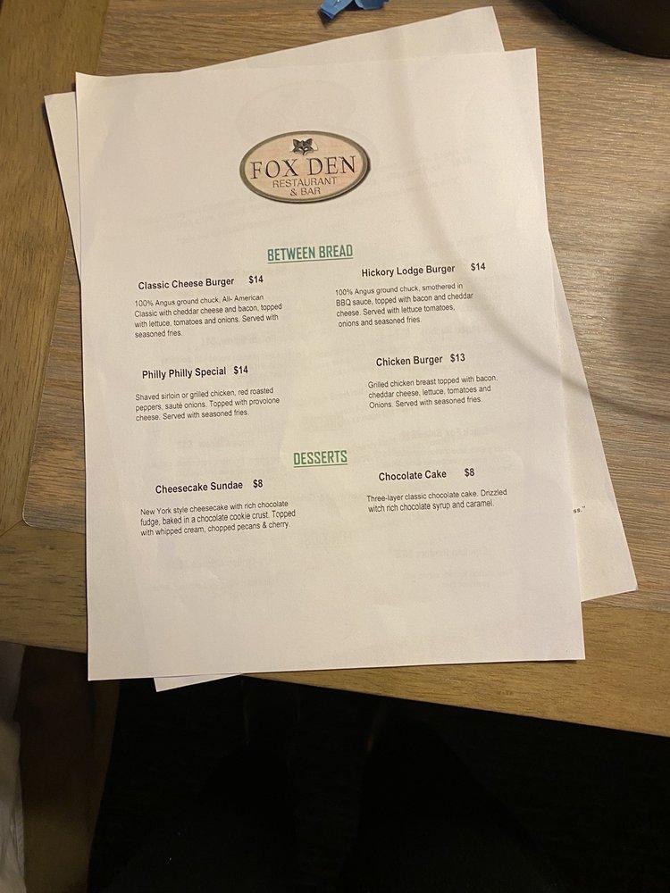 Menu at Fox Den pub & bar, Pigeon Forge