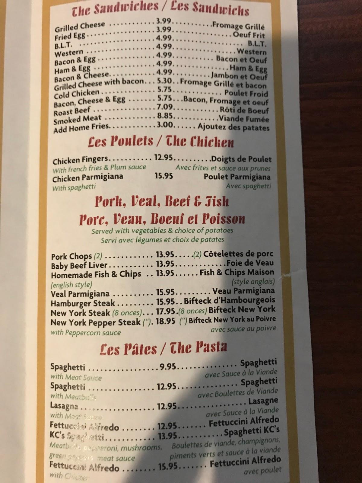 Menu at KC's Country Restaurant, Ottawa