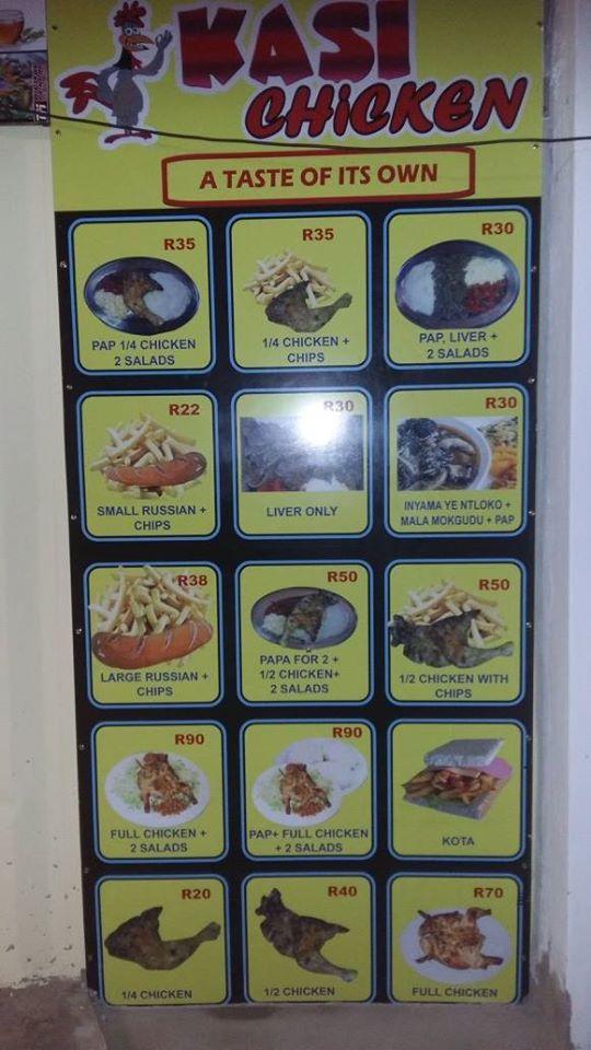 Menu at Kasi Chicken & Car wash at junction restaurant, Soweto