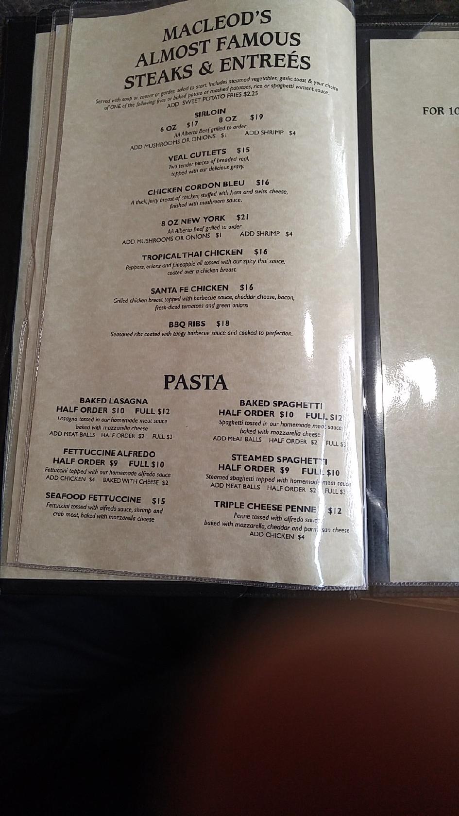 Menu at MacLeod's Restaurant & Lounge, Fort MacLeod