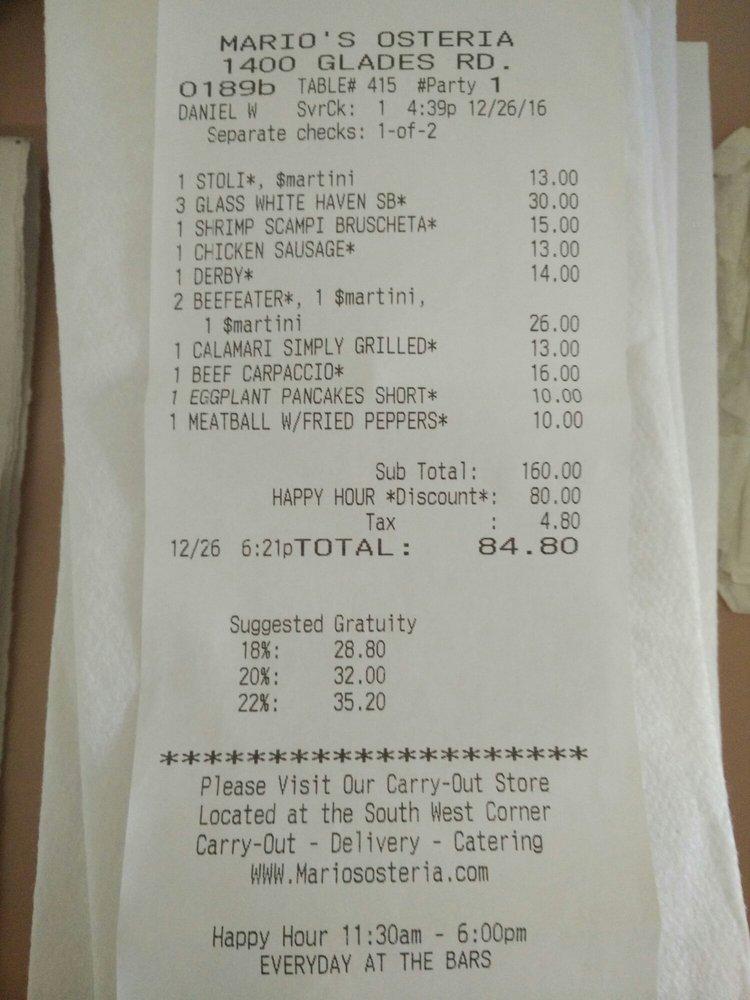 Menu at Mario's Osteria pizzeria, Boca Raton