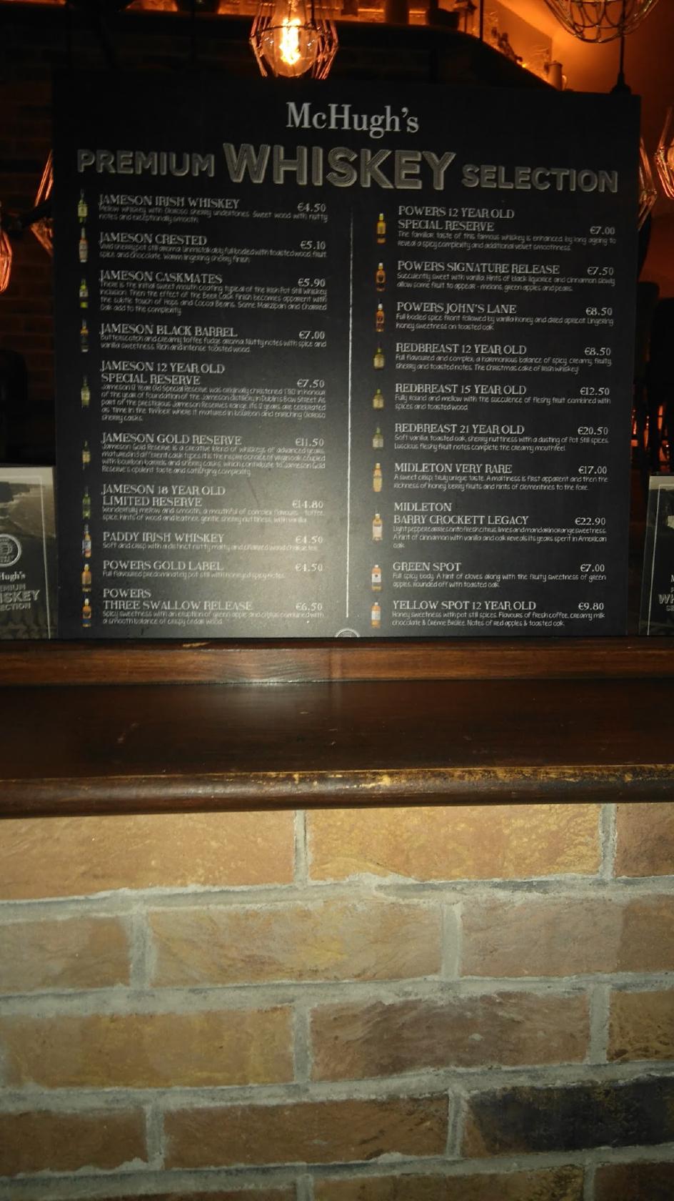 Menu at McHugh's Bar, Ennis