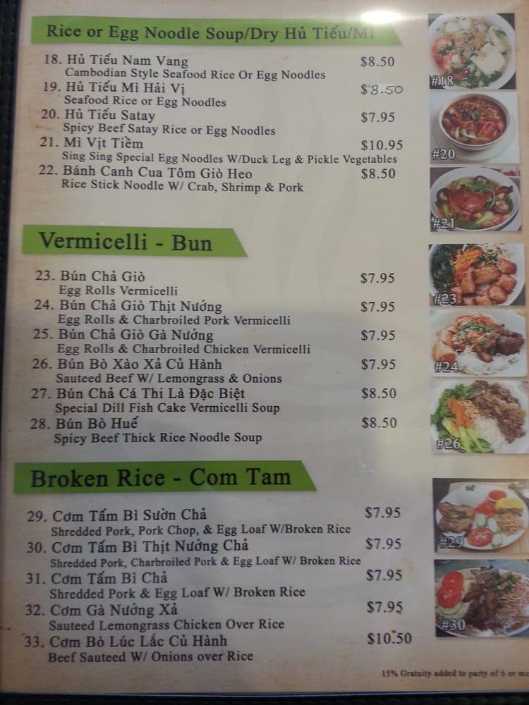 Menu at Pho Sing Sing restaurant, Las Vegas, S Rainbow Blvd