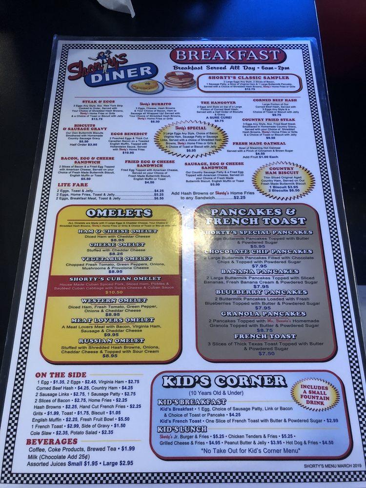 Menu at Shorty's Diner restaurant, Williamsburg