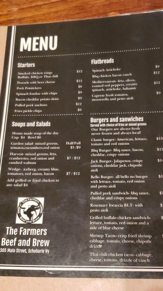 Menu at The Farmers Beef and Brew restaurant, Schoharie