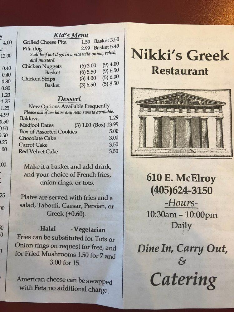 Menu at Nikki's Greek Restaurant, Stillwater