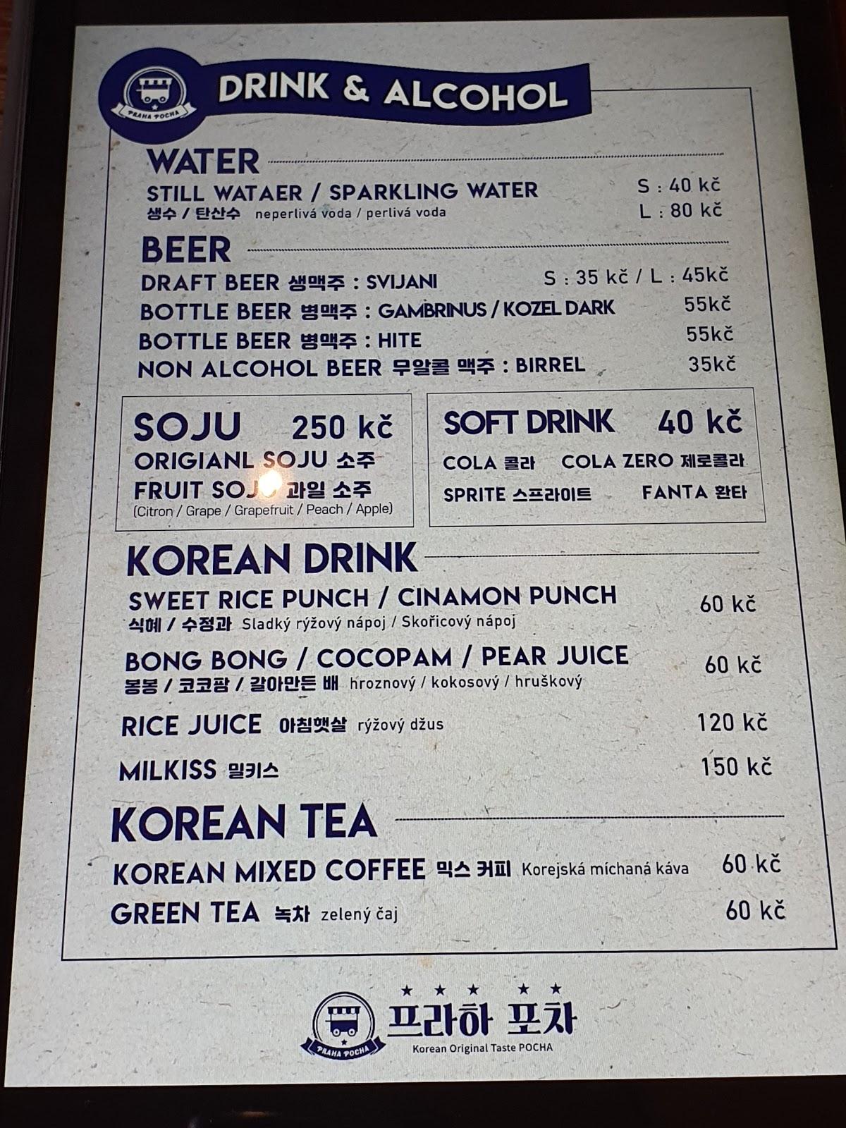 Menu at POCHA Original Korean Restaurant, Prague, Truhlářská 4