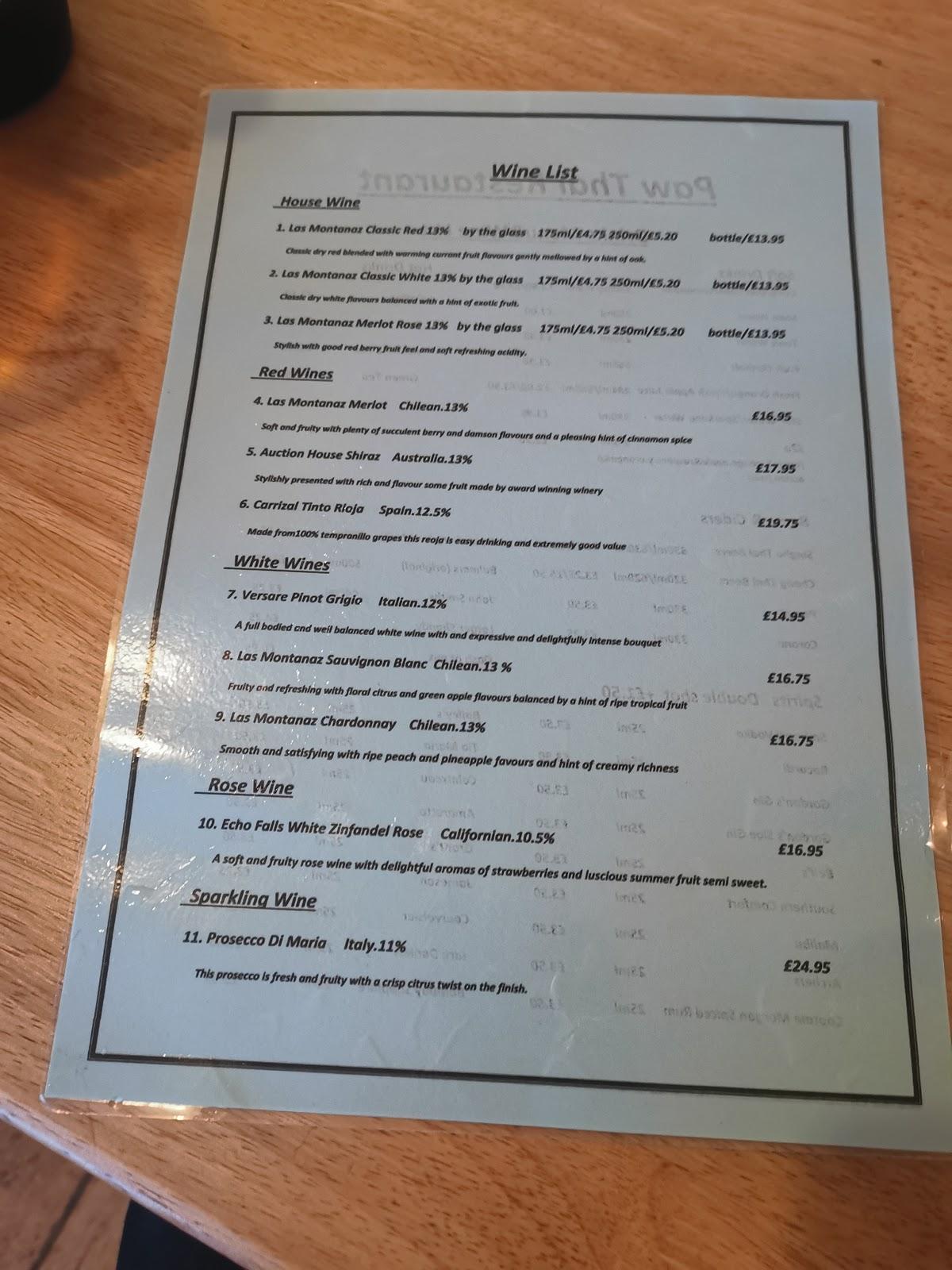 Menu at Paw Thai restaurant, Cleethorpes