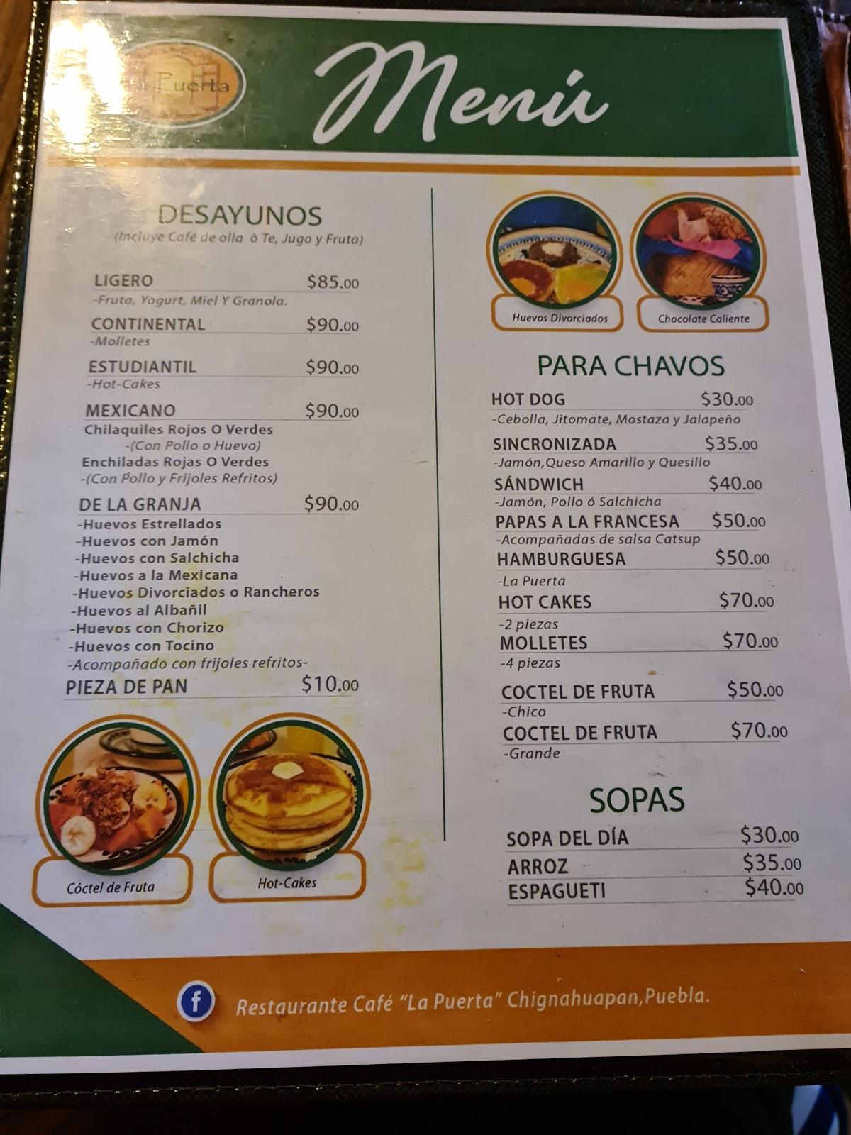 Carta de Restaurante La Puerta, Chignahuapan
