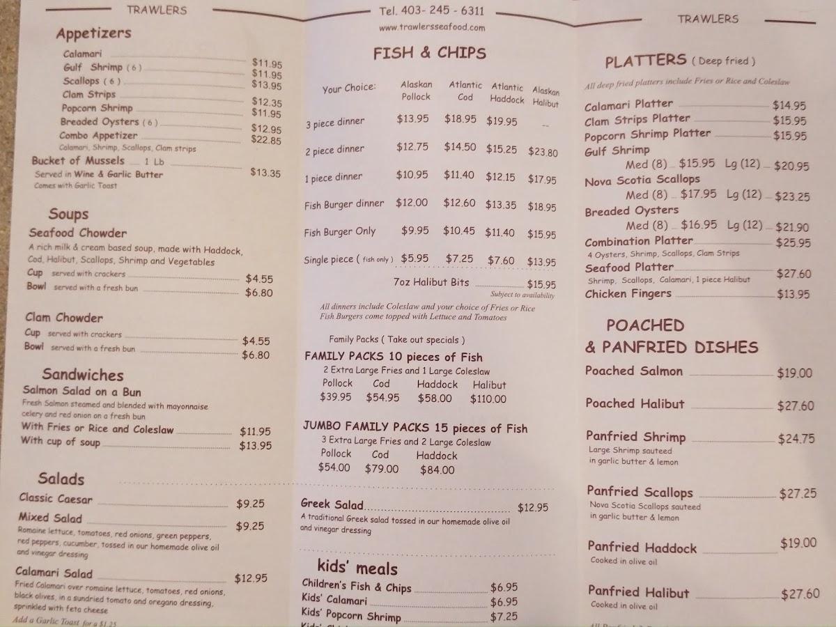 Menu at Trawler's Seafood Kitchen restaurant, Calgary