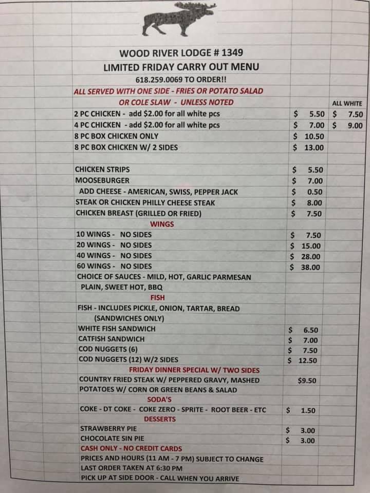 Menu at Wood River Moose Lodge #1349 pub & bar, Wood River