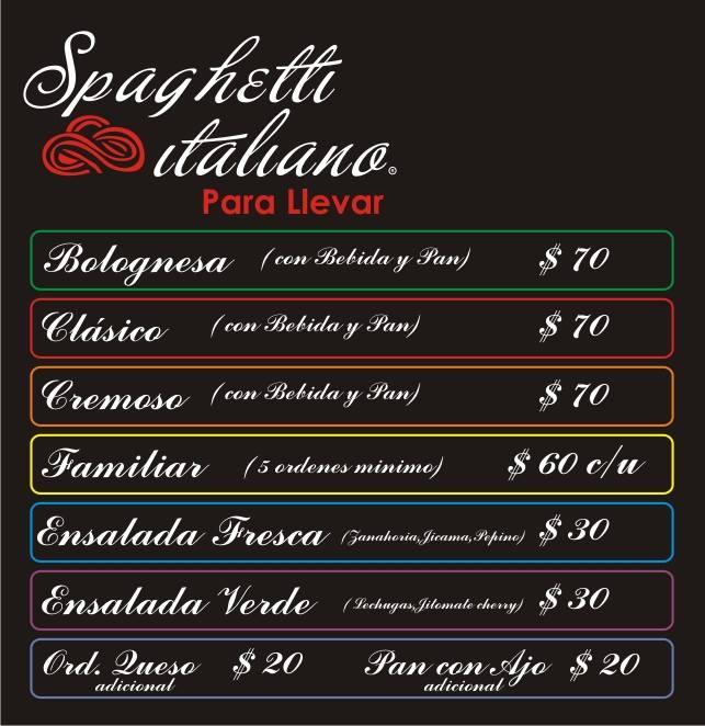 Menu at spaghetti italiano restaurant, Mexico City