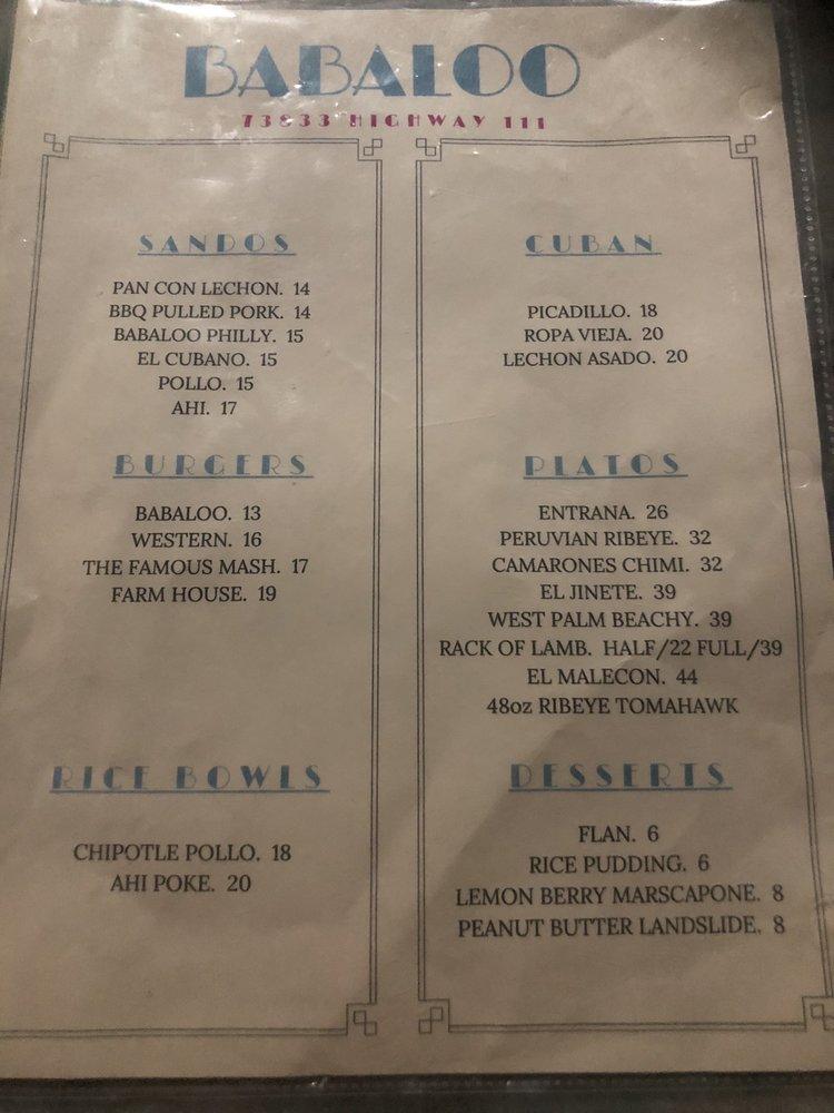 Menu at BaBaLoo Lounge restaurant, Palm Desert
