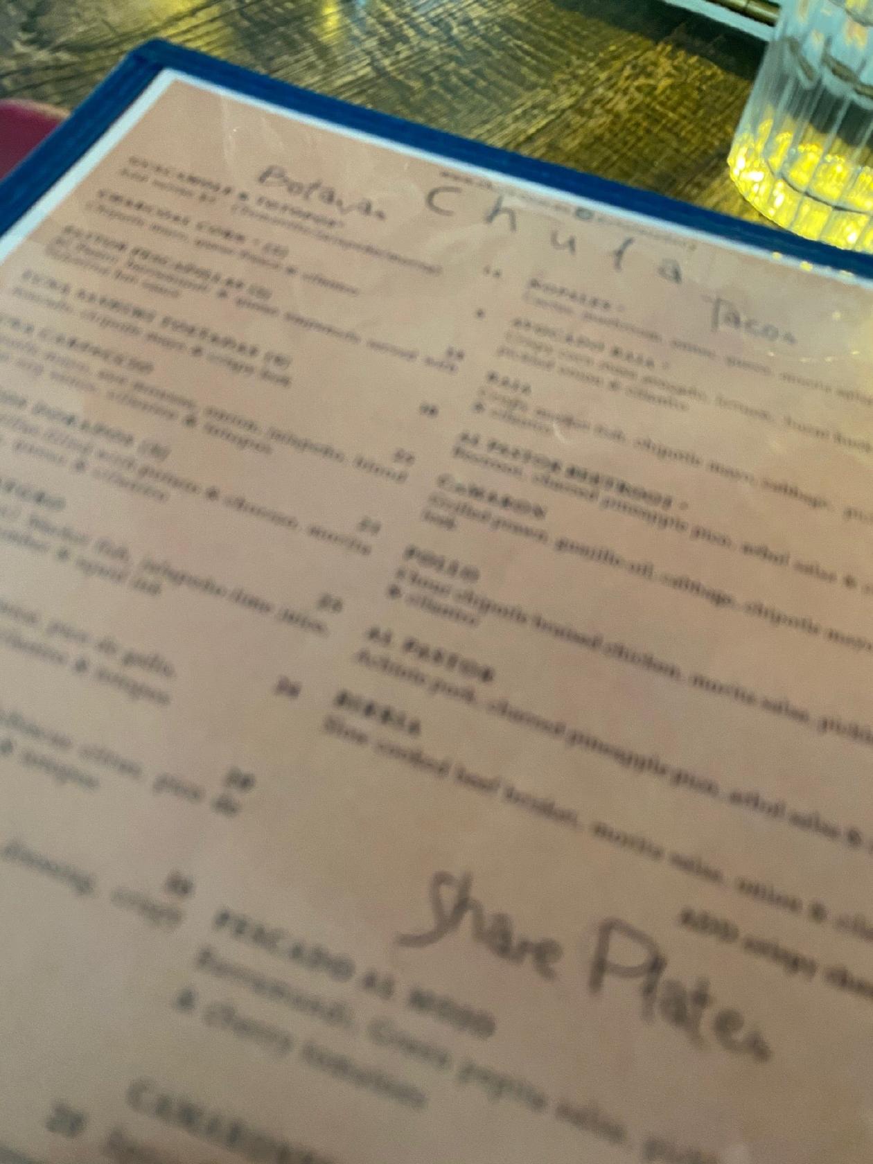 Menu at Chula restaurant, Potts Point, 33 Bayswater Rd