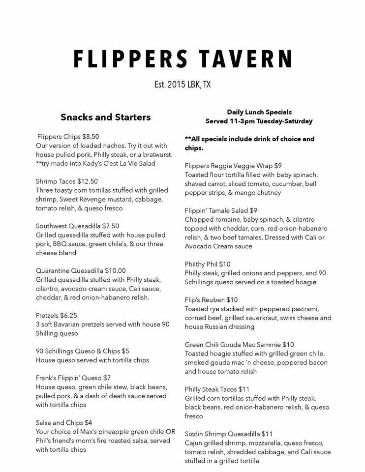 Menu at Flippers Tavern pub & bar, Lubbock