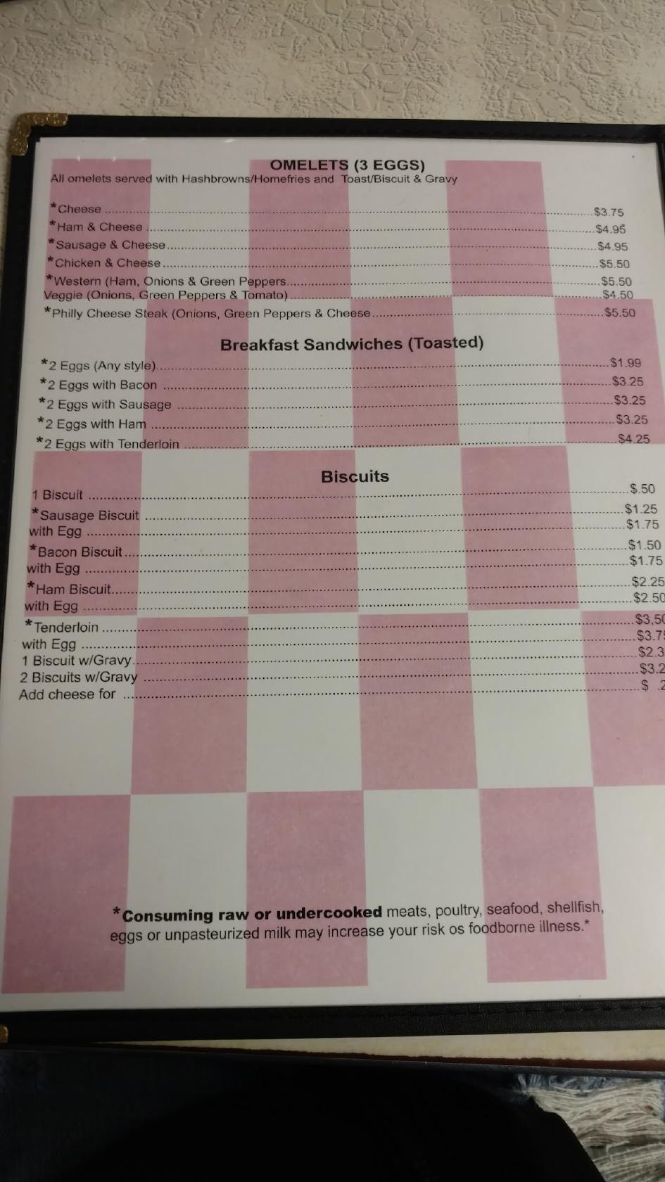 Menu at Fox's Diner restaurant, Rocky Top