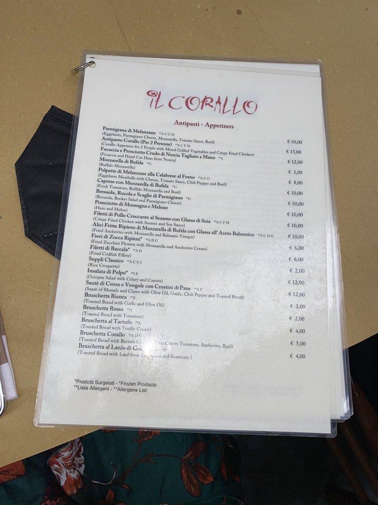 Menu at Il Corallo pizzeria, Rome, Via del Corallo