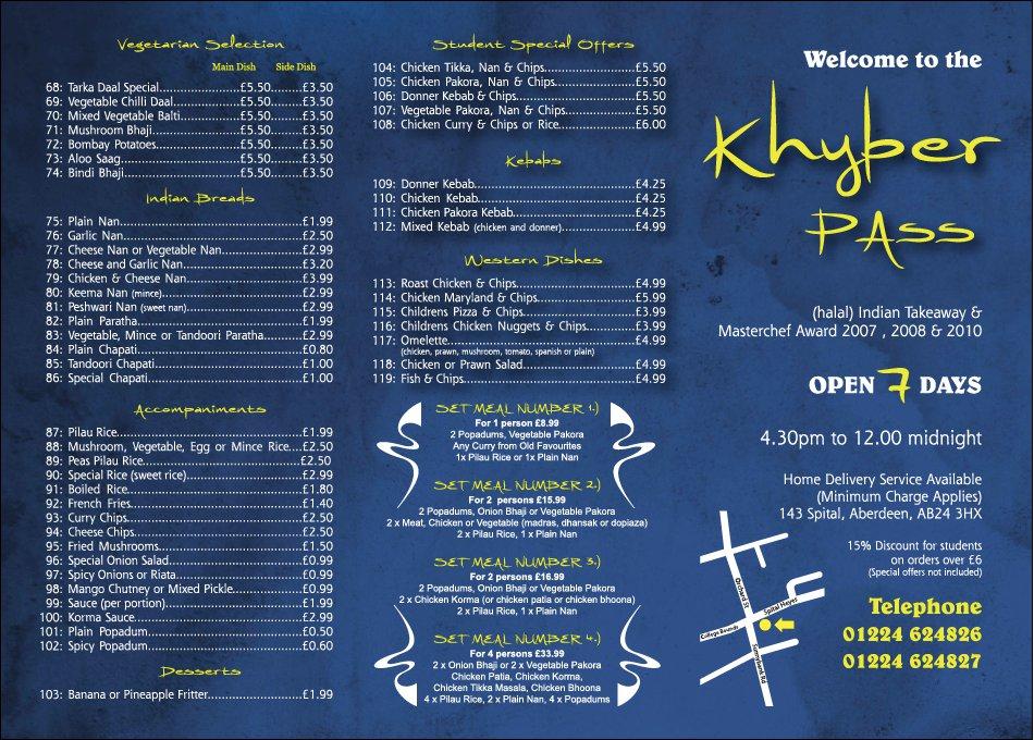 Menu at Khyber Pass Aberdeen fast food, Aberdeen