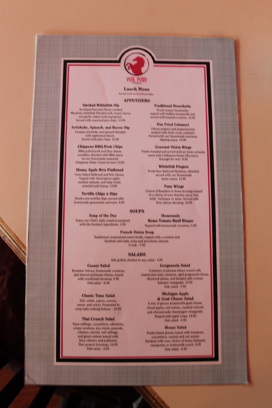 Menu at Pink Pony pub & bar, Mackinac Island