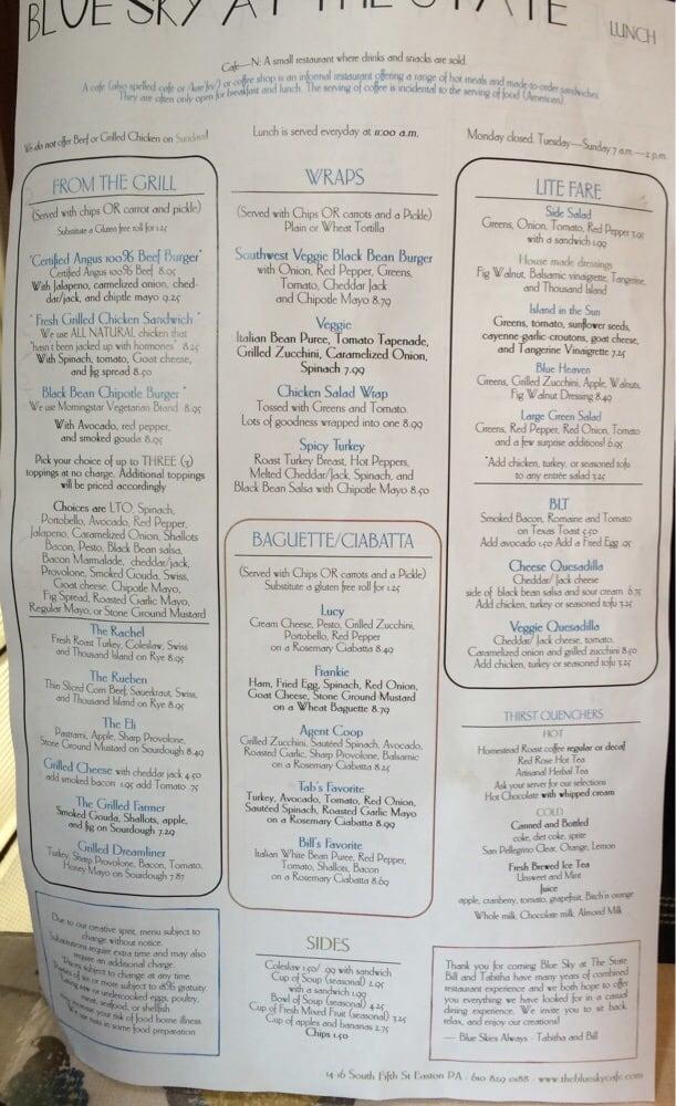 Menu at The State Cafe and Grill, Easton, 14-16 S 5th St