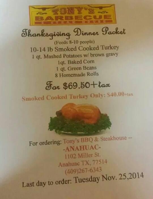 Menu at Tony's BBQ, Anahuac