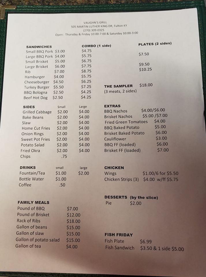 Menu at Vaughn's Grill restaurant, Fulton