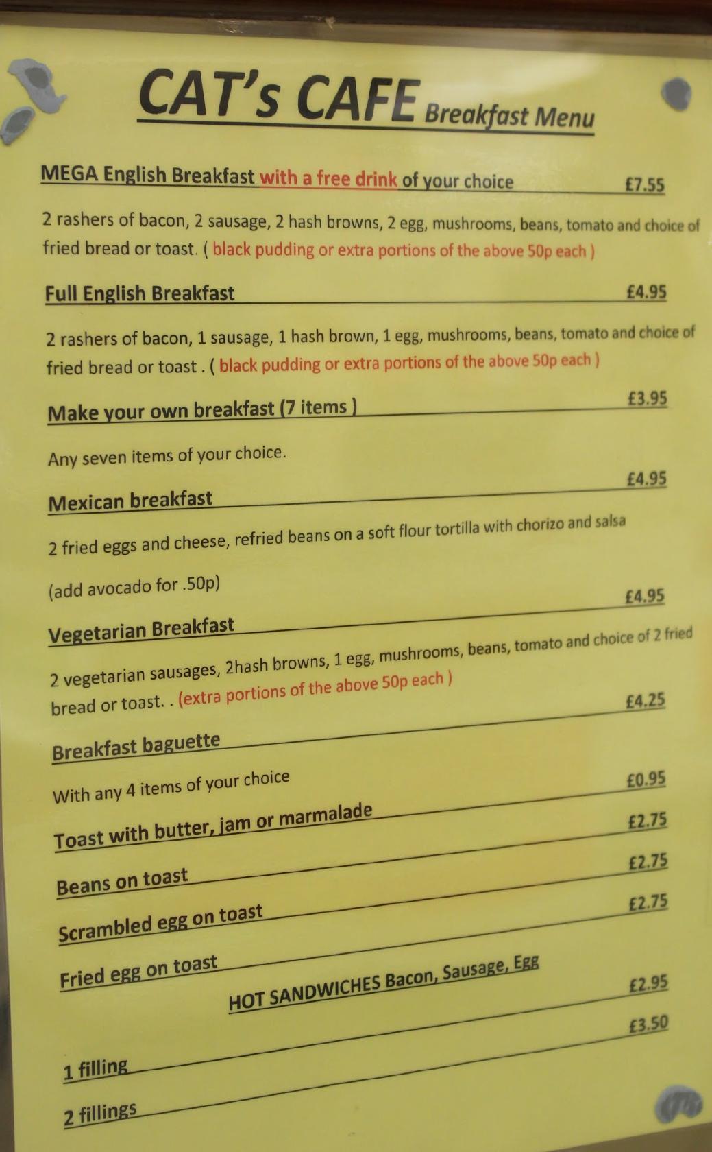 Menu at Cat's Cafe, Bruton