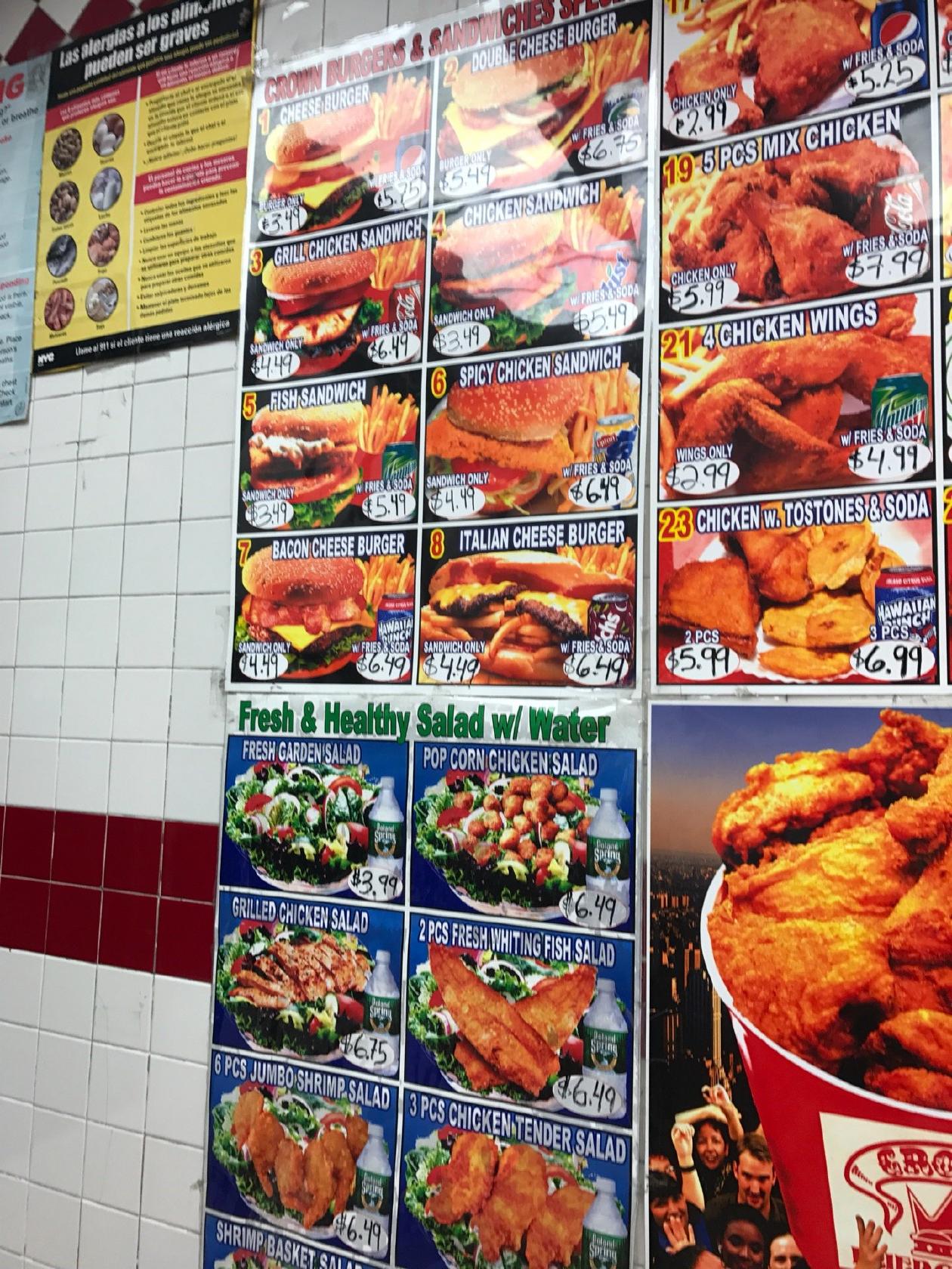 Menu at Crown Fried Chicken fast food, New York City, 3351 Broadway