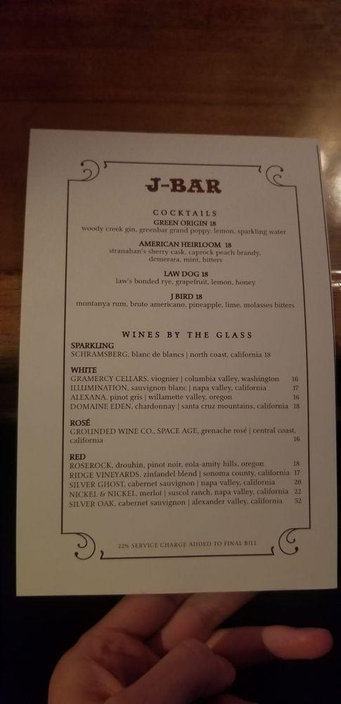 Menu at J-Bar, Aspen