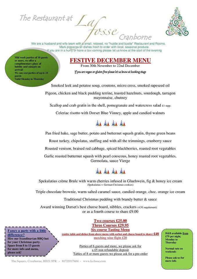 Menu at La Fosse at Cranborne restaurant, Cranborne