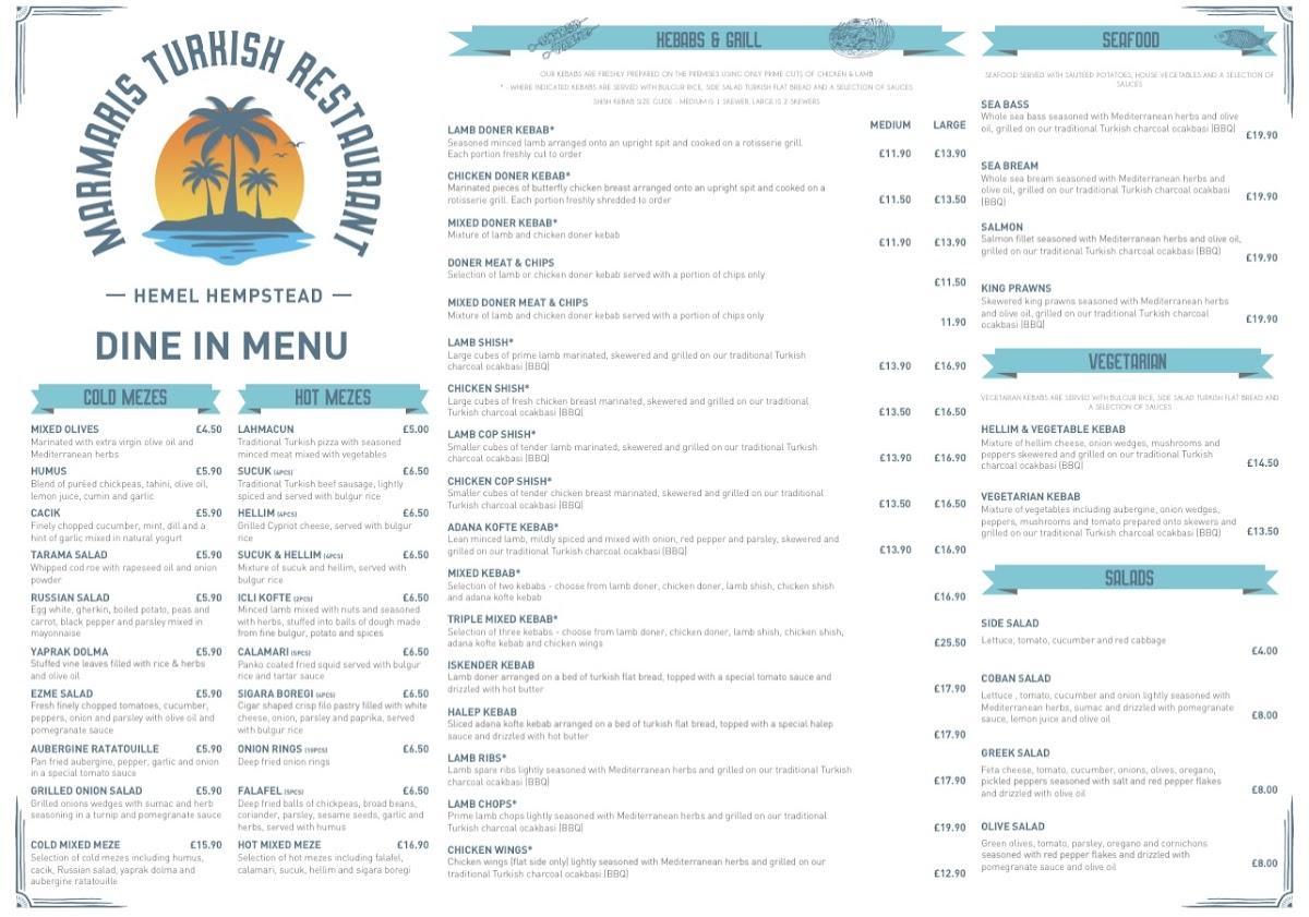 Menu at Marmaris Turkish Restaurant, Hemel Hempstead