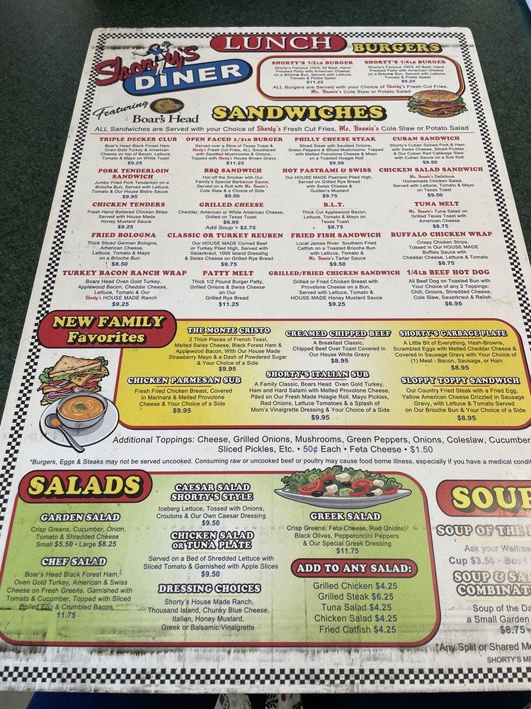 Menu at Shorty's Diner restaurant, Richmond