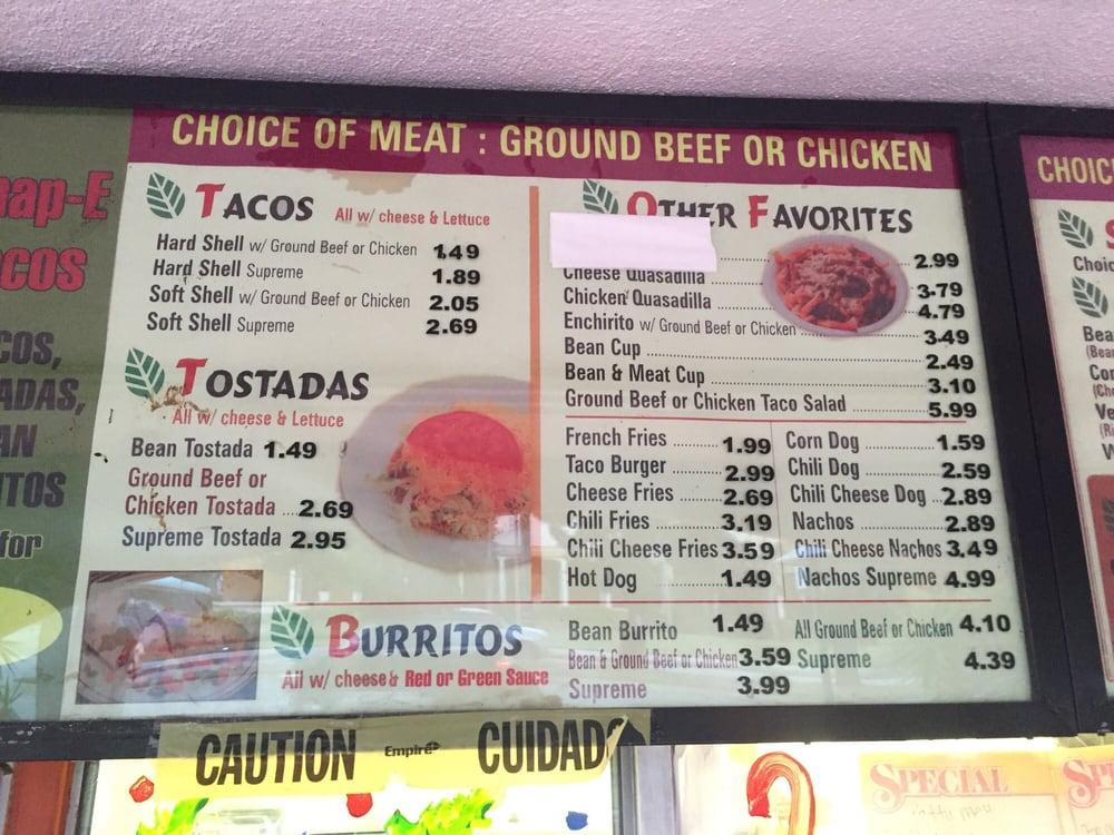 Menu at Snap-E-Taco restaurant, Covina