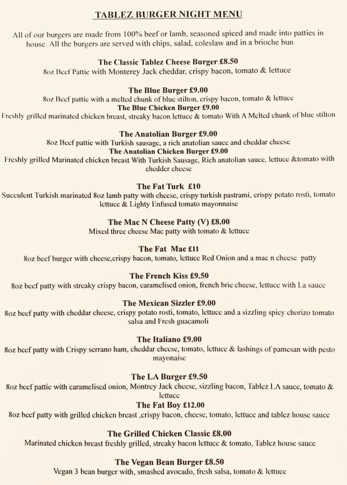 Menu at Tablez Cafe Bistro, Sleaford