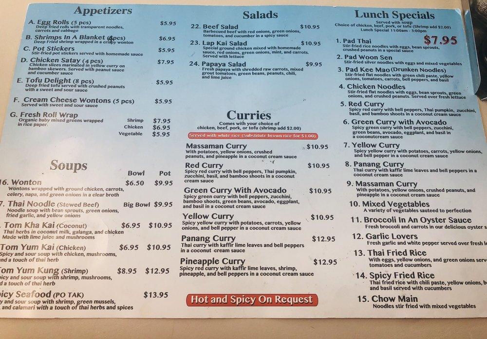 Menu at Thai Spot restaurant, Chino Valley