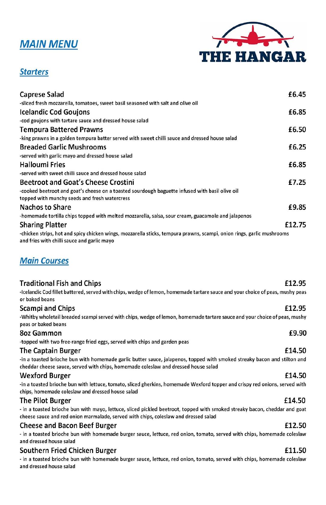 Carta del restaurante The Hangar, Great Rissington