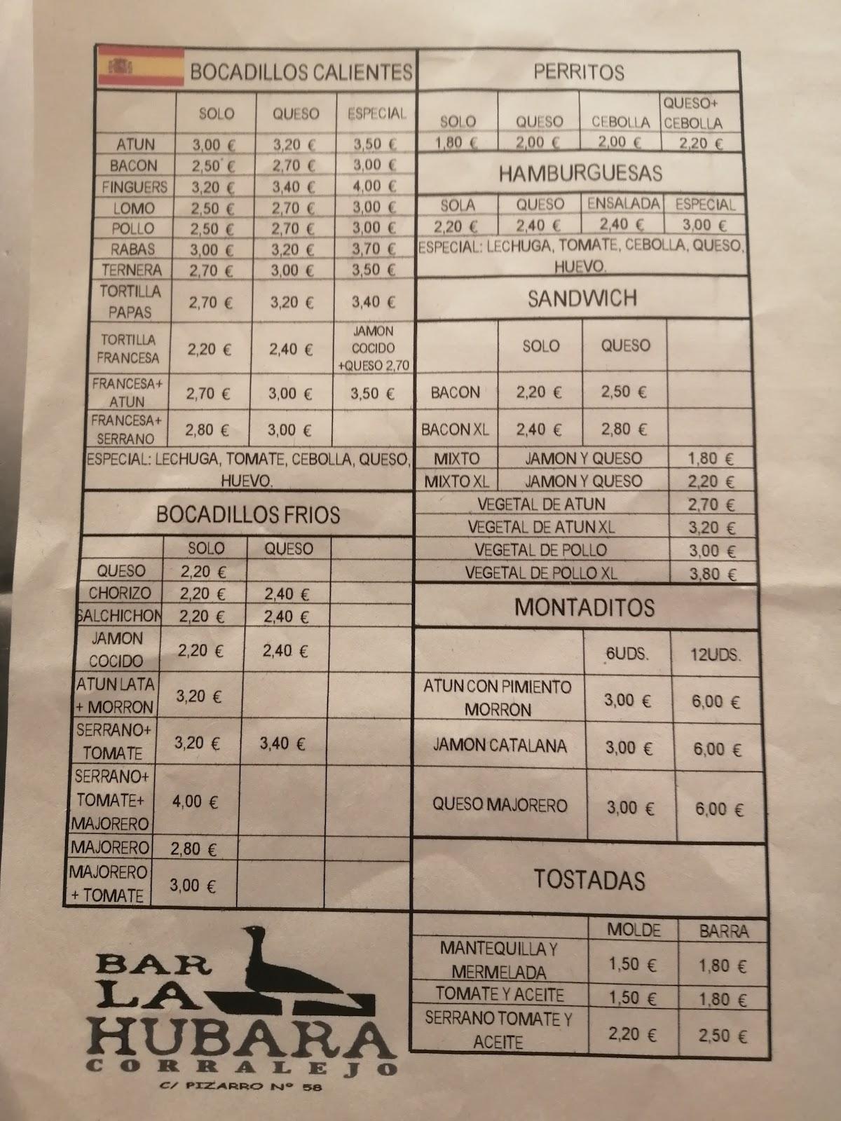 Menu at Bar La Hubara, Corralejo