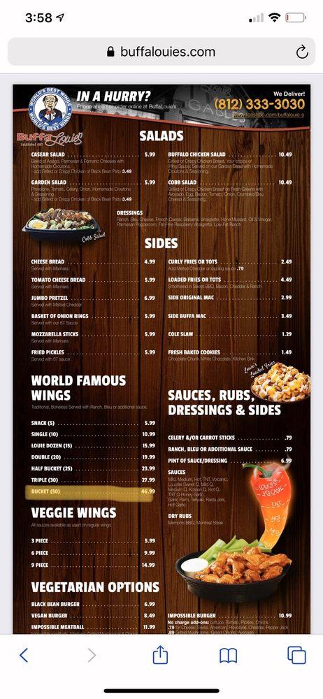 Menu at BuffaLouie's restaurant, Bloomington