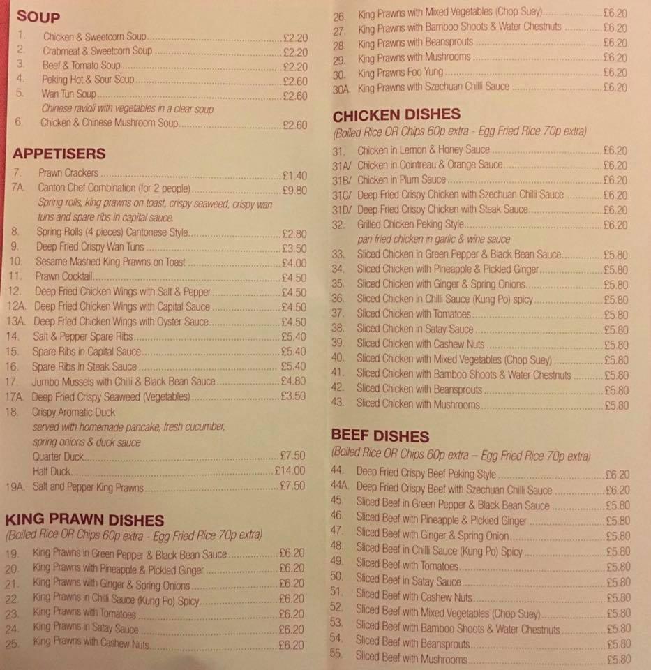 Menu at Canton Chef Cantonese restaurant, Cleator Moor