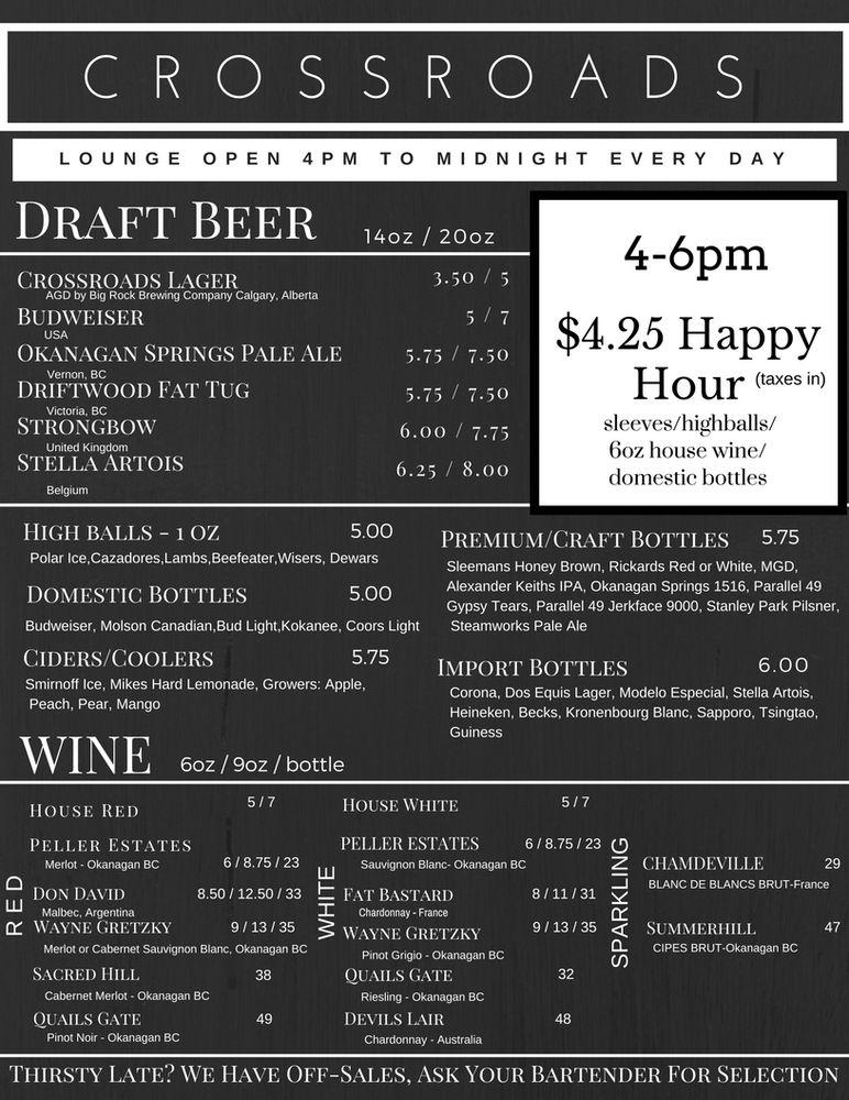 Menu at Crossroads Lounge pub & bar, Port Coquitlam