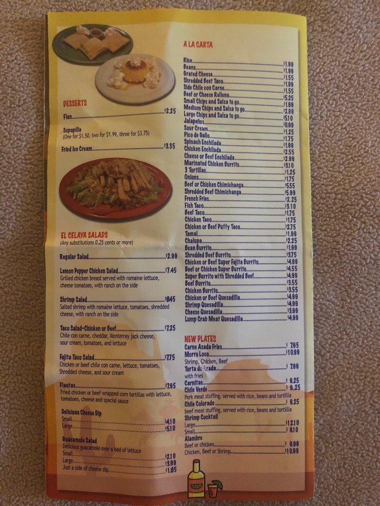 Menu at El Celaya restaurant, Roland, 100 W Ray Fine Blvd