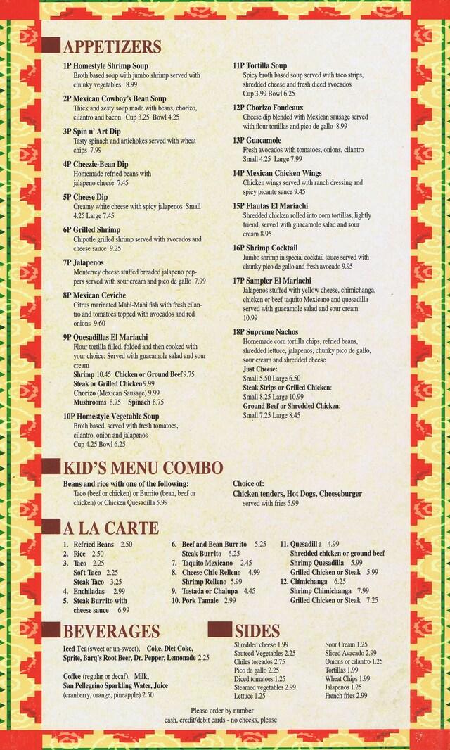 Menu at El Mariachi Mexican Restaurant, New Iberia